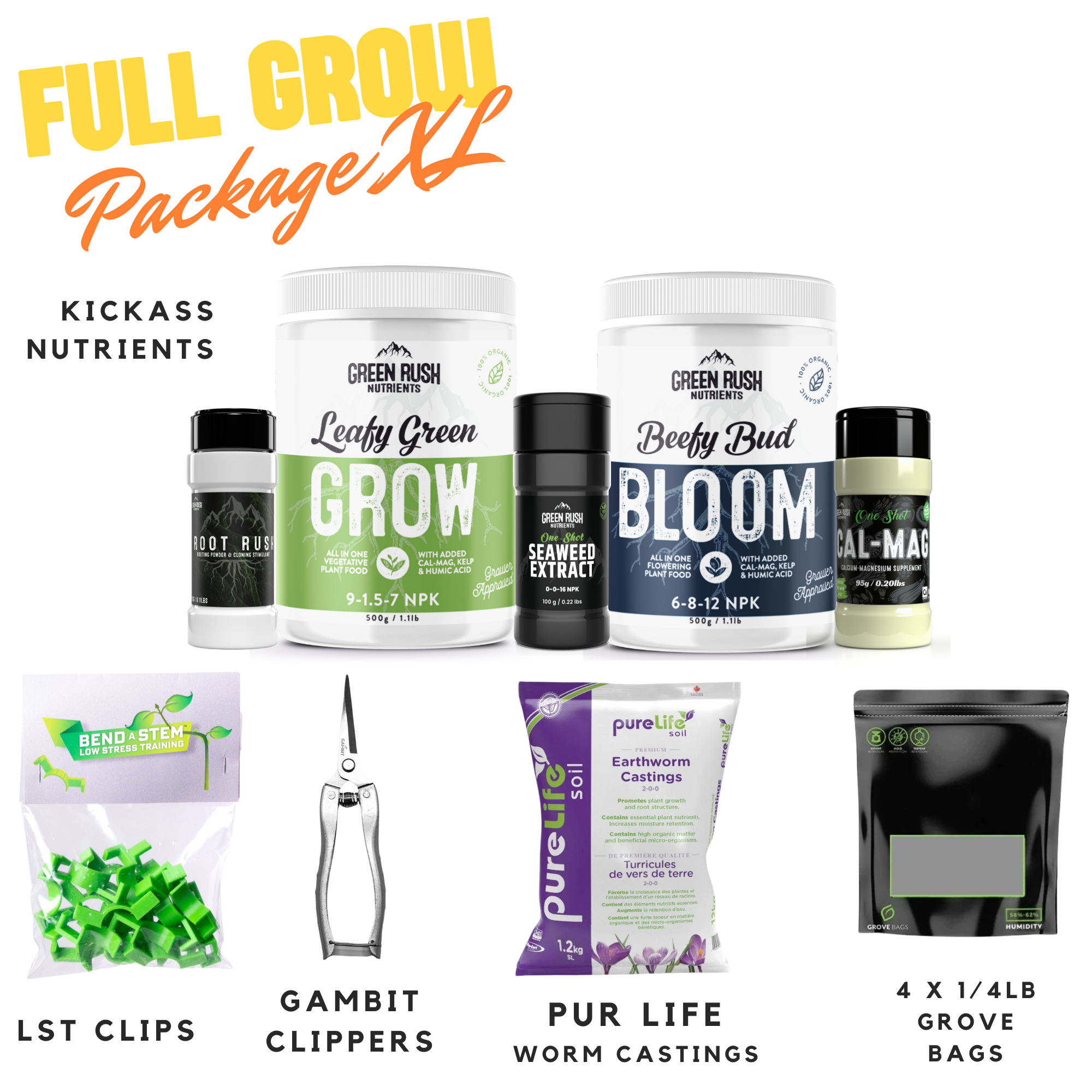 Full Grow Package with Nutrients, Curing Bags, Clips & More – Green Rush Nutrients